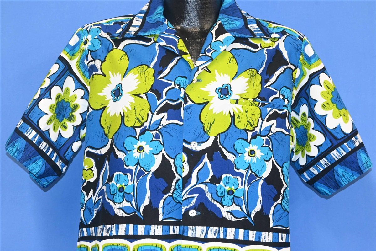60s Reef Blue Green Floral Hawaiian Aloha Shirt Large – The Captains ...